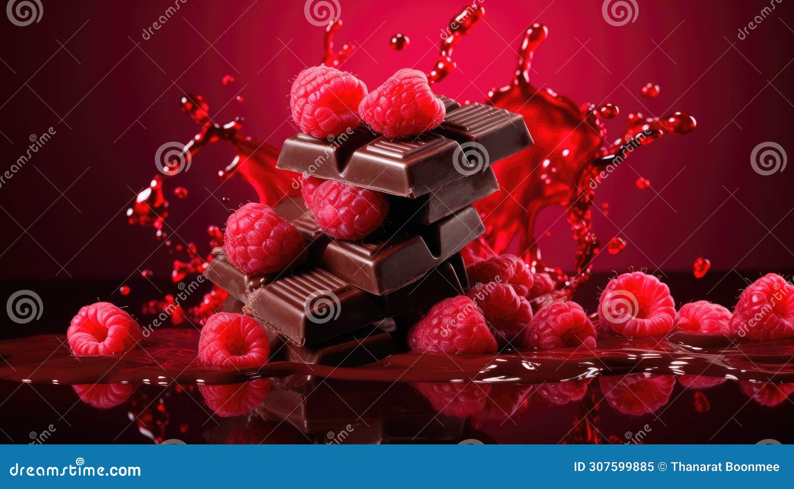 Dynamic Stack of Chocolate Bars, Raspberries, and Syrup Splash on a ...