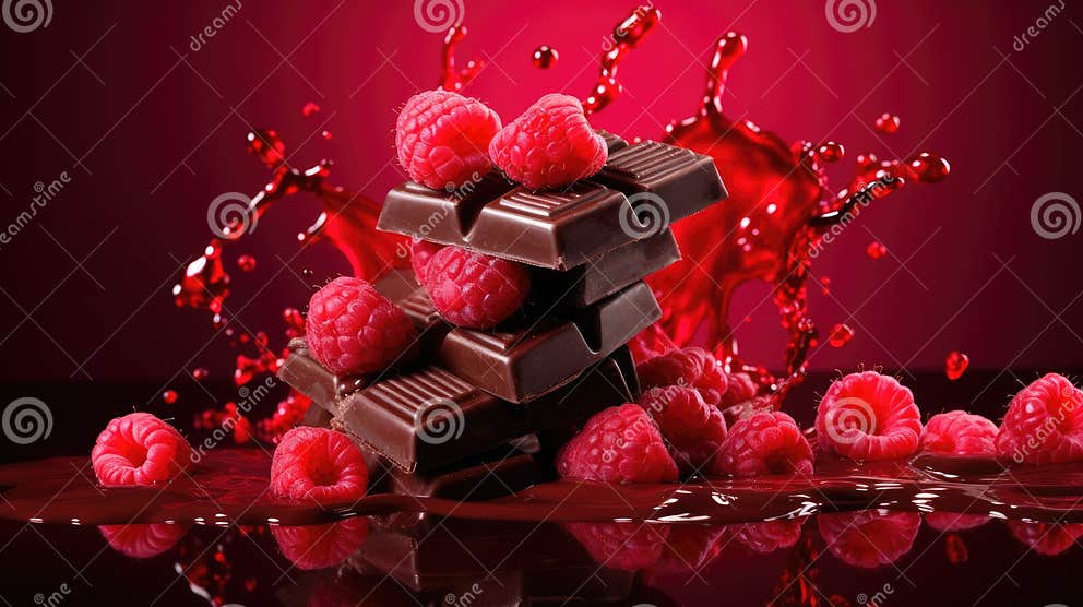Dynamic Stack of Chocolate Bars, Raspberries, and Syrup Splash on a ...