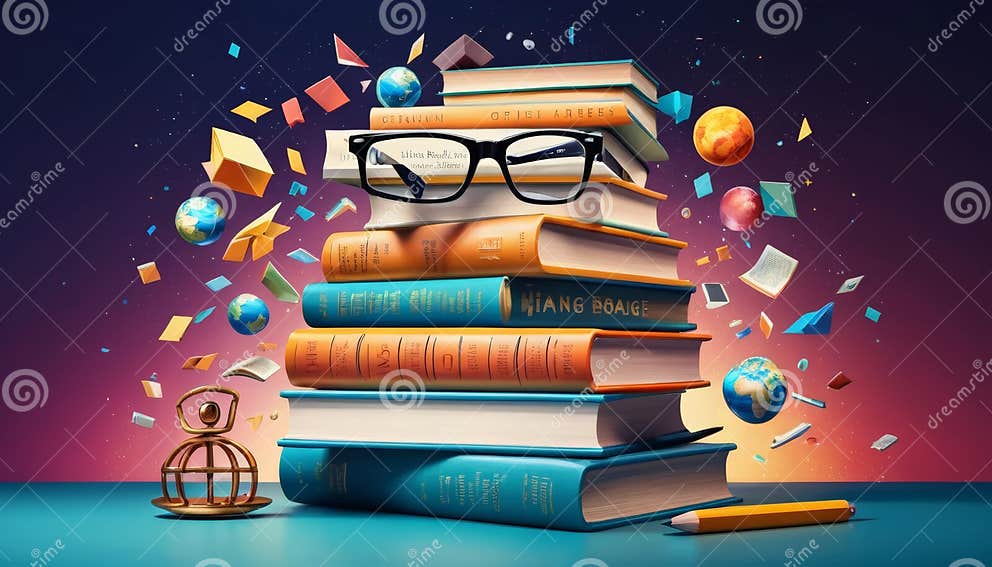 A Dynamic Stack of Colorful Books with Oversized Glasses and Floating ...
