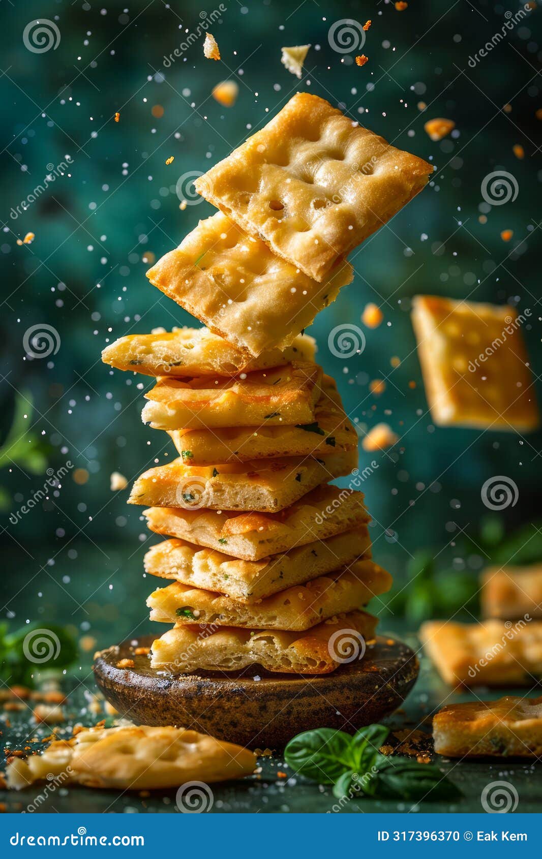 Dynamic Stack of Crackers with Falling Spices Herbs Against a Moody ...
