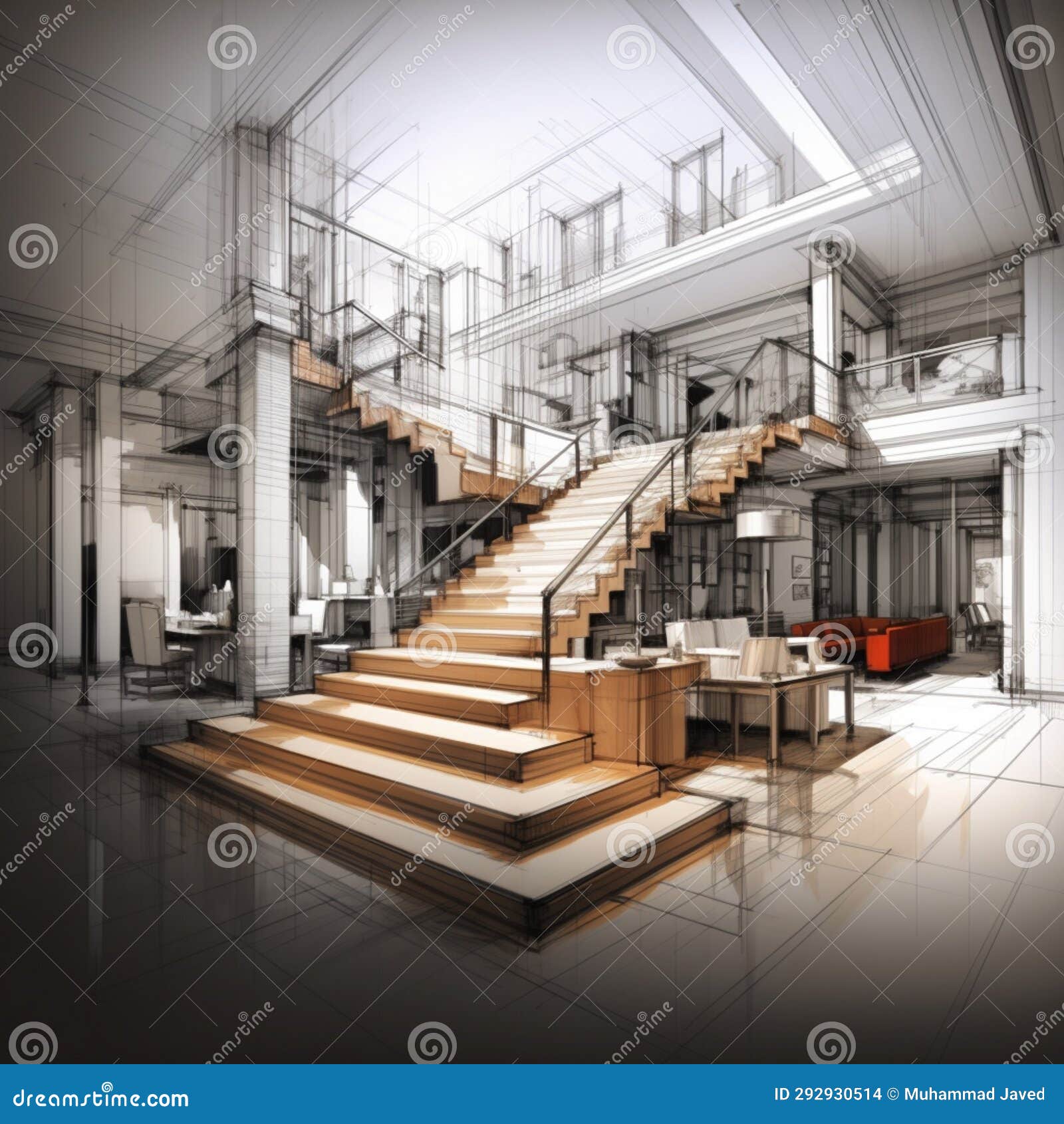 Dynamic Staircase Concept Sketch Design of Hall, 3D Wireframe ...