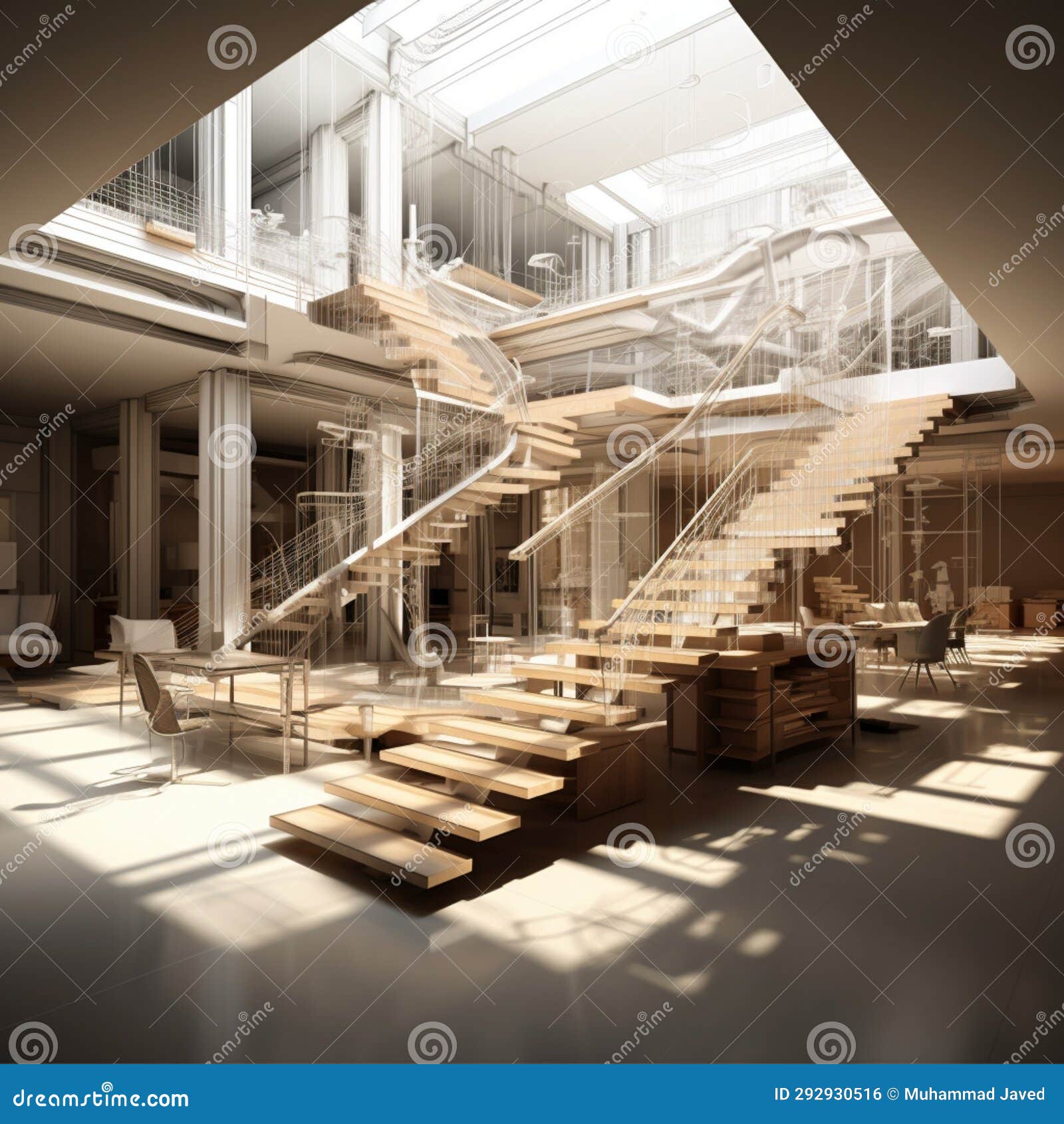 Dynamic Staircase Concept Sketch Design of Hall, 3D Wireframe ...