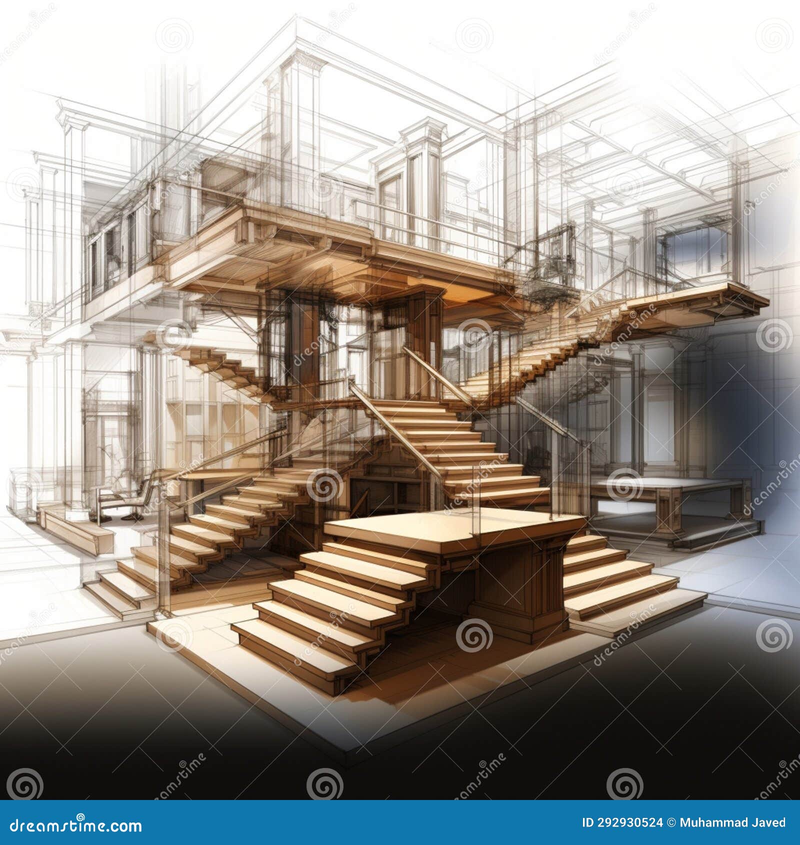 Dynamic Staircase Concept Sketch Design Of Hall, 3D Wireframe ...