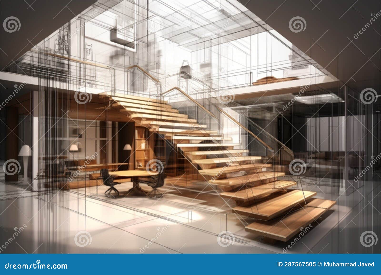 Dynamic Staircase Concept Sketch Design of Hall, 3D Wireframe ...
