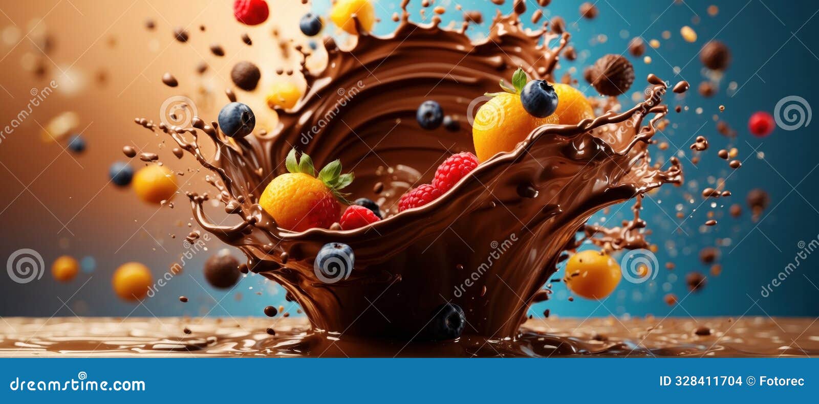 Fresh Fruits in a Wave of Chocolate Stock Photo - Image of color ...