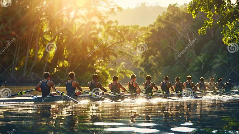 Dynamic Sunrise Rowing Team Demonstrating Teamwork and Strength Stock ...
