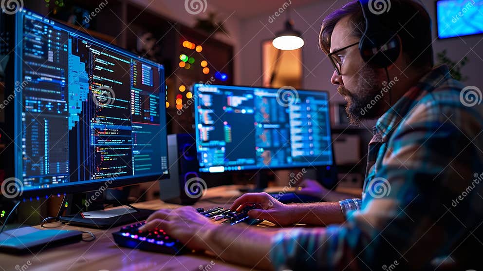 Dynamic System Administrator Engaged in Complex Code with High Tech ...