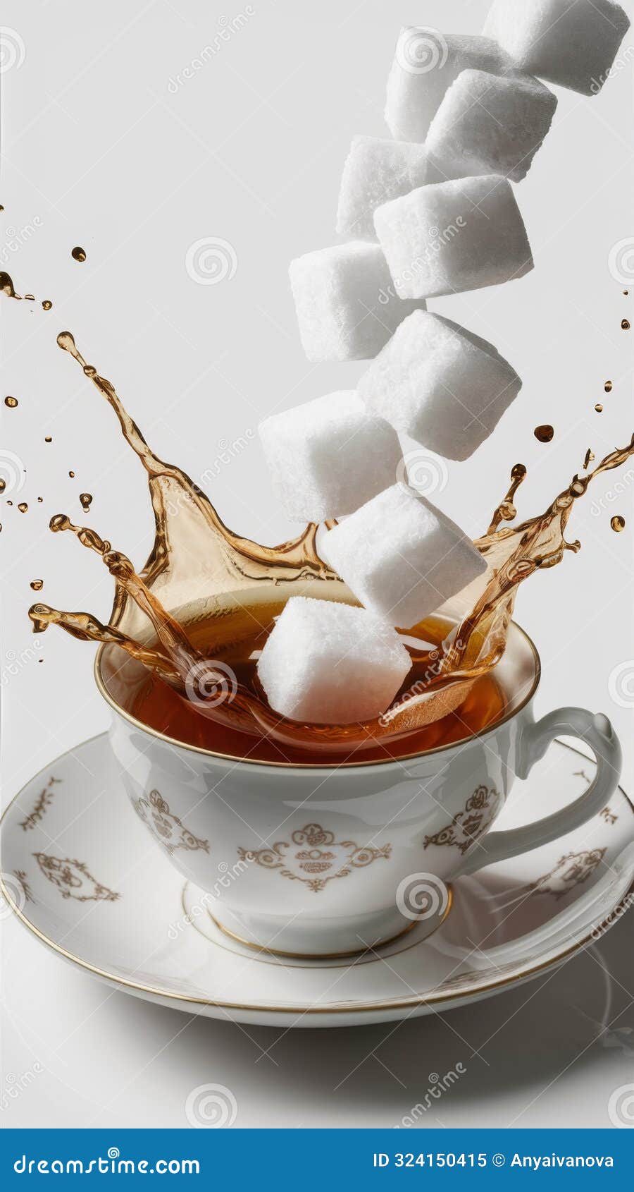 Dynamic Tea Splash with Sugar Cubes Falling into Elegant Teacup ...