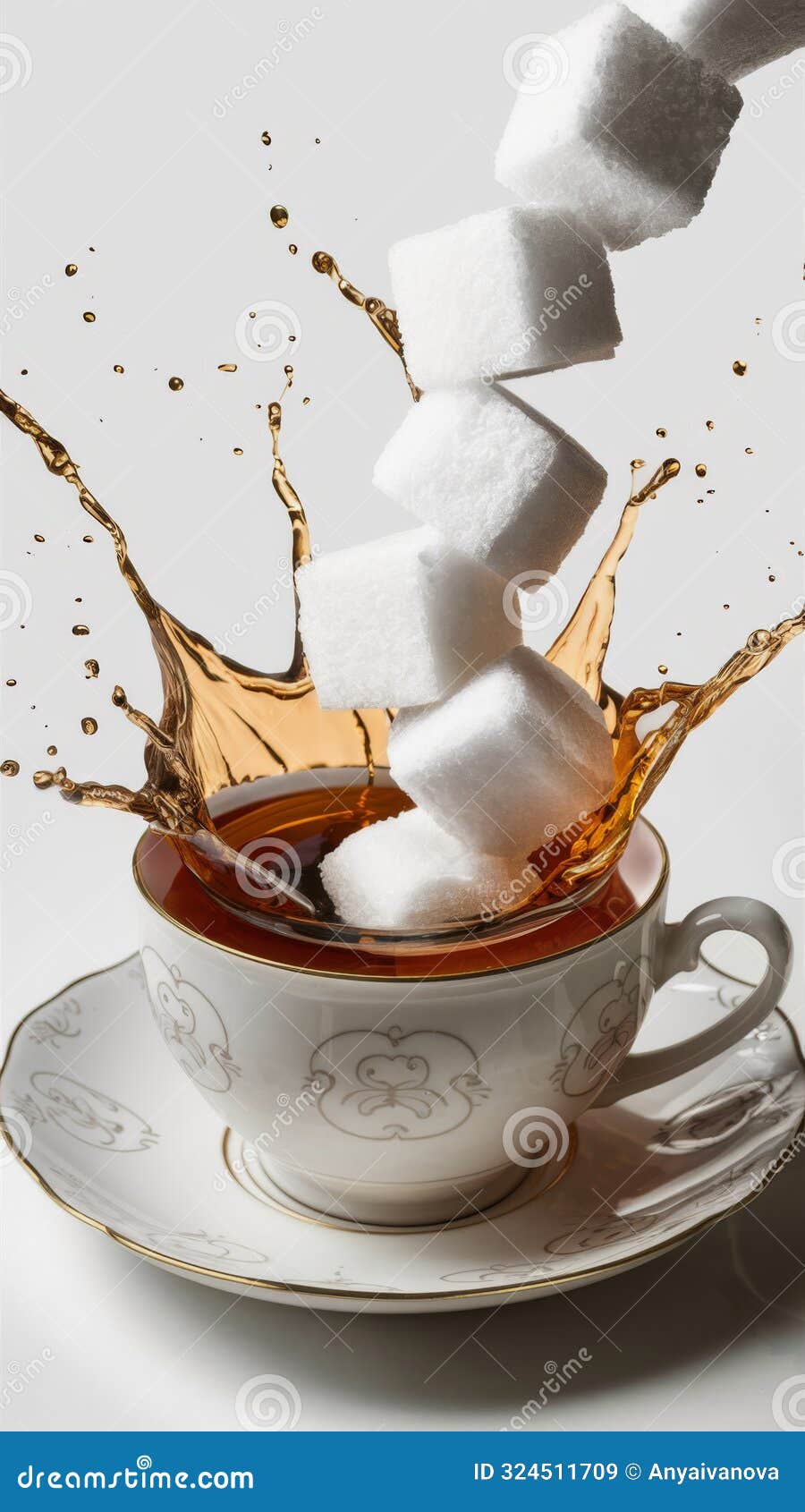 Dynamic Tea Splash with Sugar Cubes Falling into Elegant Teacup ...