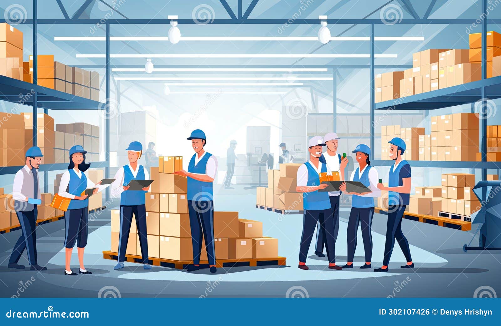 A Dynamic Team in Action at a Busy Warehouse Stock Illustration ...
