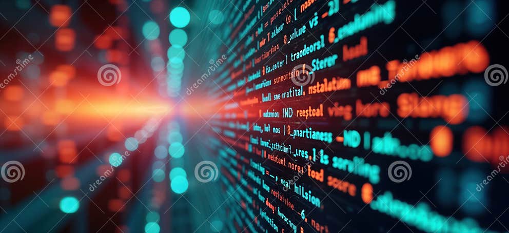 Dynamic Tech Illustration Shows Complex Code. Secure Data Encryption Coding Displayed on Screen ...