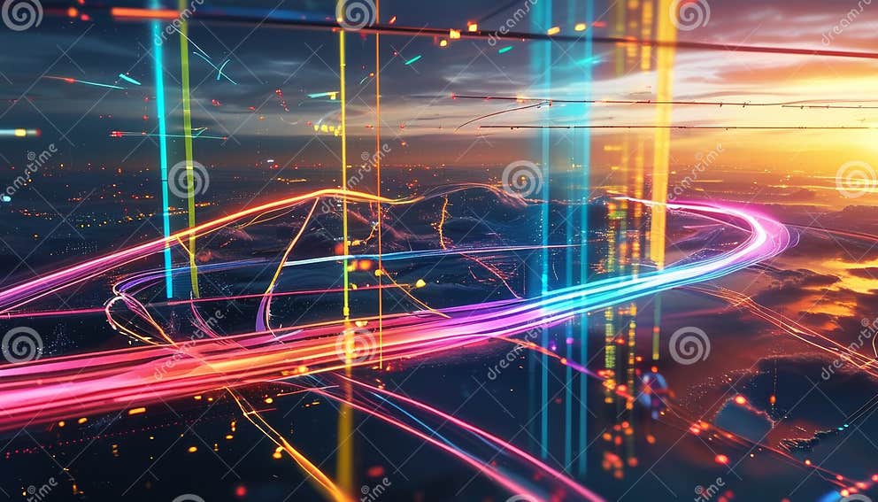 Dynamic Trails of Light Weaving through a Sunset Landscape with Coded ...