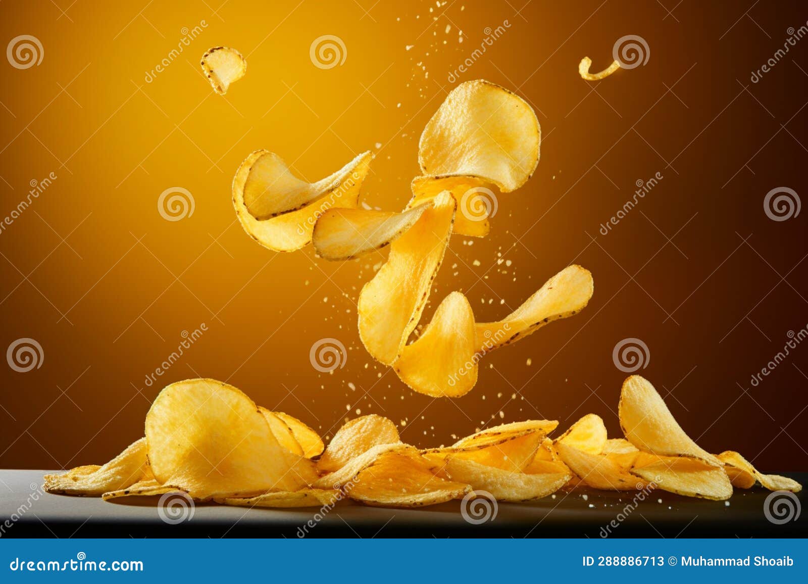 Dynamic Transformation Potato Chips Float Midair, Yellow Backdrop ...