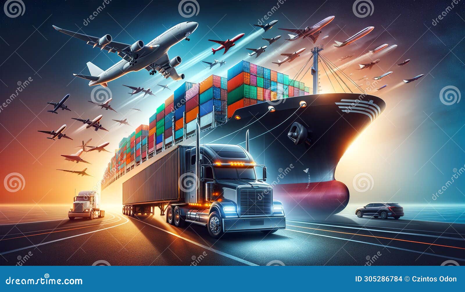 Dynamic Transportation Scene Featuring a Cargo Truck on the Highway ...