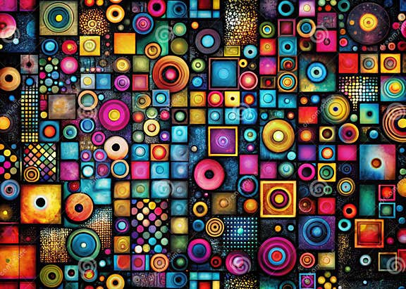 Dynamic Urban Geometry a Vibrant Abstract Pattern of Interlocking Squares and Circles on a Bold ...