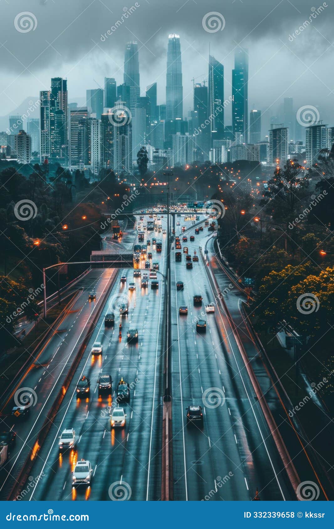 Dynamic Urban Skyline Against Highway Road. Stock Illustration ...