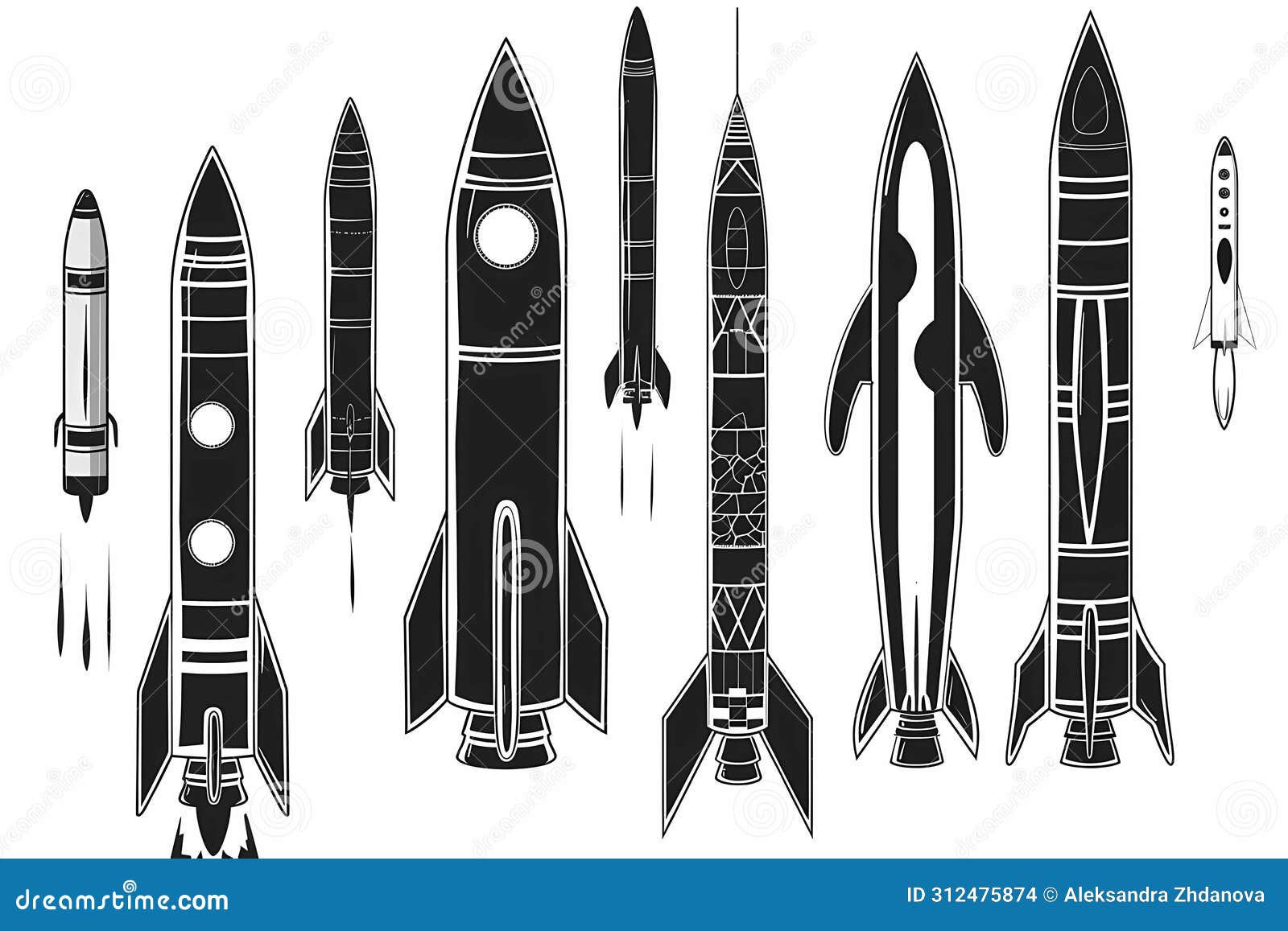 Space Rockets in Black and White Illustration Vector Set Stock ...