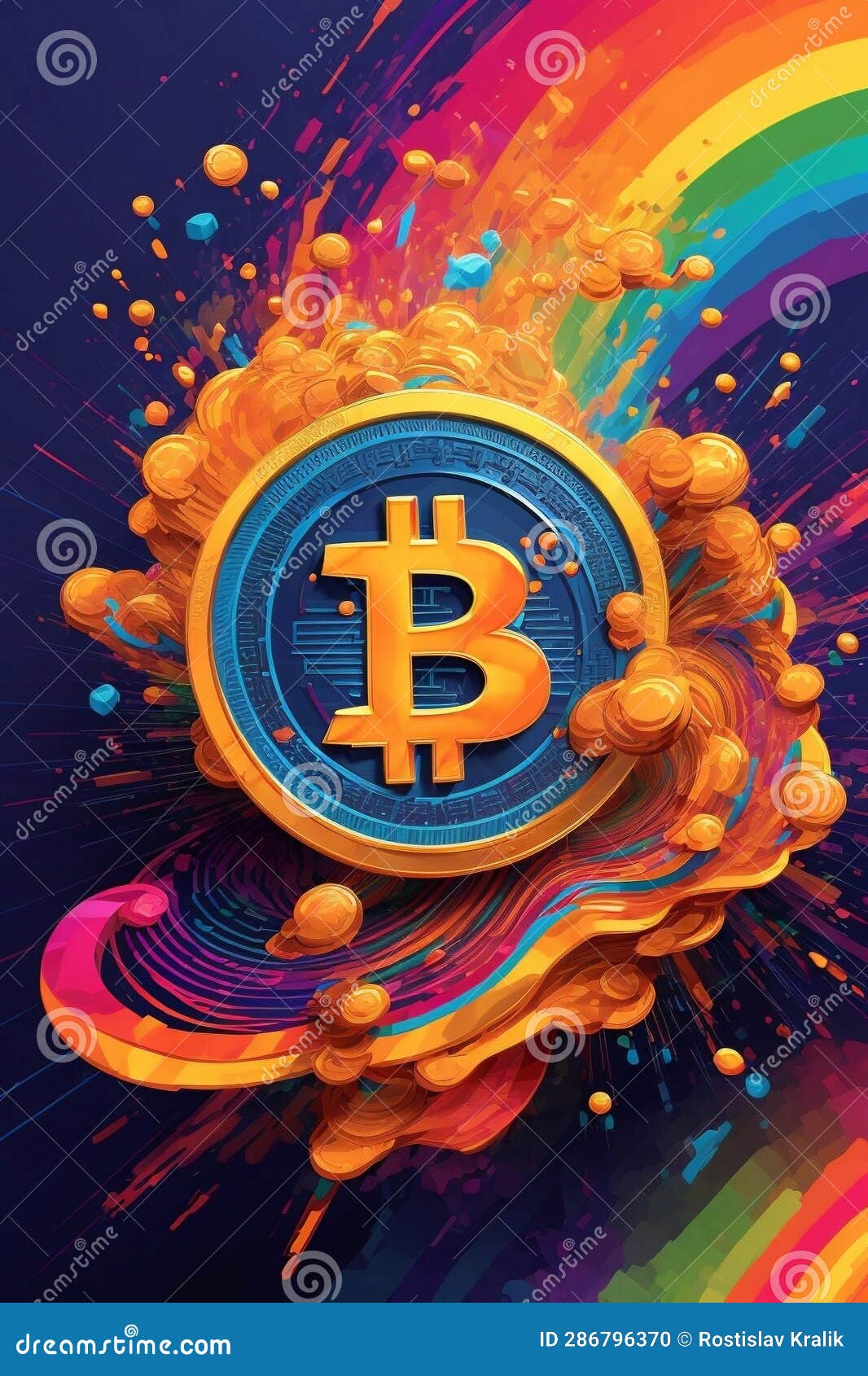 Stylized Bitcoin Coin Exploding into a Burst of Rainbow-hued Digital ...