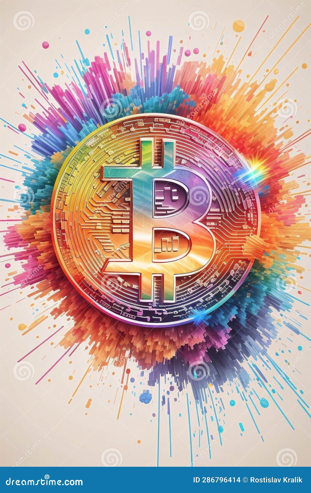 Stylized Bitcoin Coin Exploding into a Burst of Rainbow-hued Digital ...