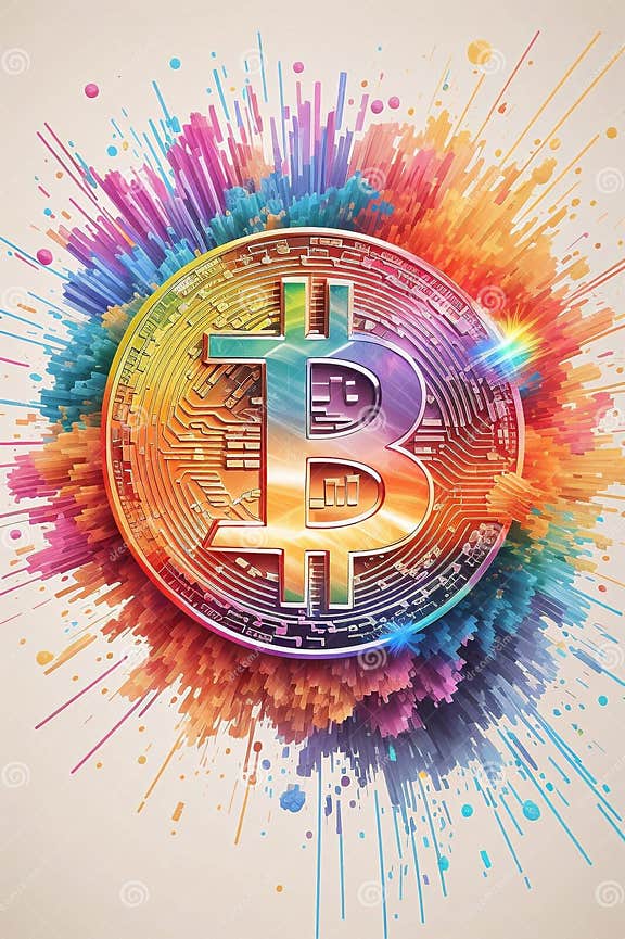 Stylized Bitcoin Coin Exploding into a Burst of Rainbow-hued Digital ...