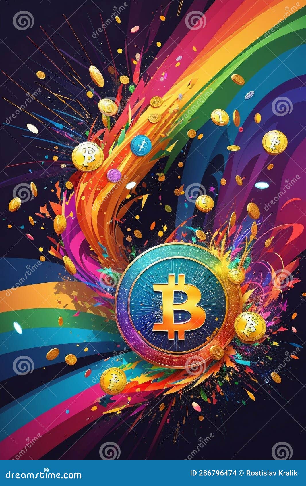 Stylized Bitcoin Coin Exploding into a Burst of Rainbow-hued Digital ...