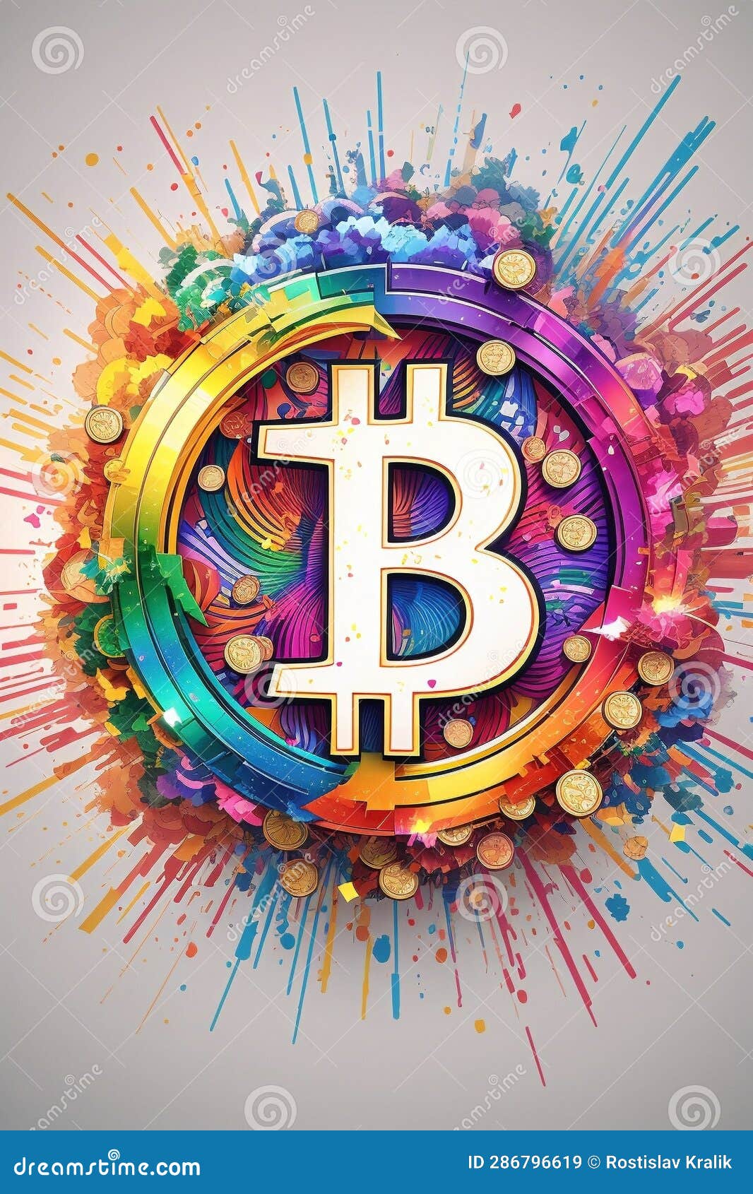 Stylized Bitcoin Coin Exploding into a Burst of Rainbow-hued Digital ...