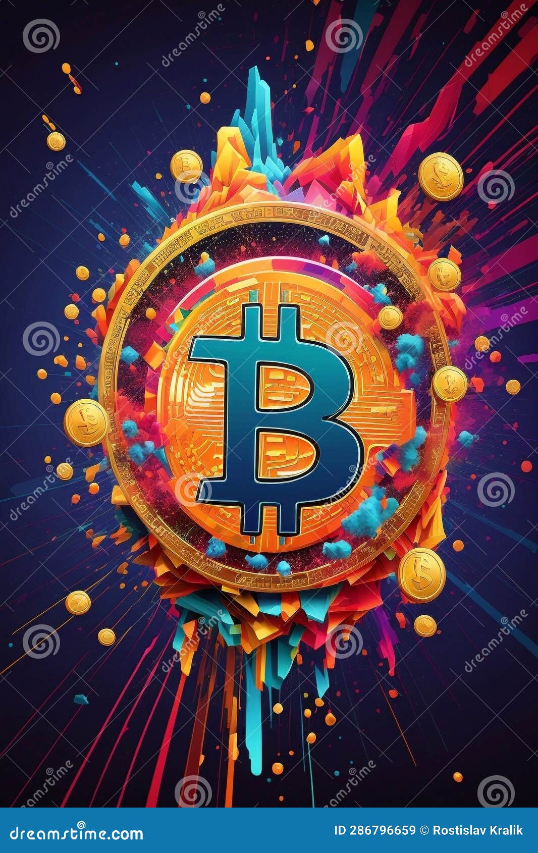 Stylized Bitcoin Coin Exploding into a Burst of Rainbow-hued Digital ...