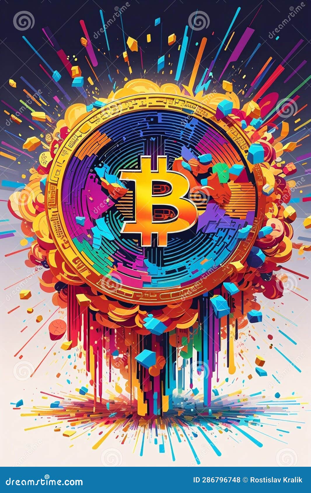 Stylized Bitcoin Coin Exploding into a Burst of Rainbow-hued Digital ...