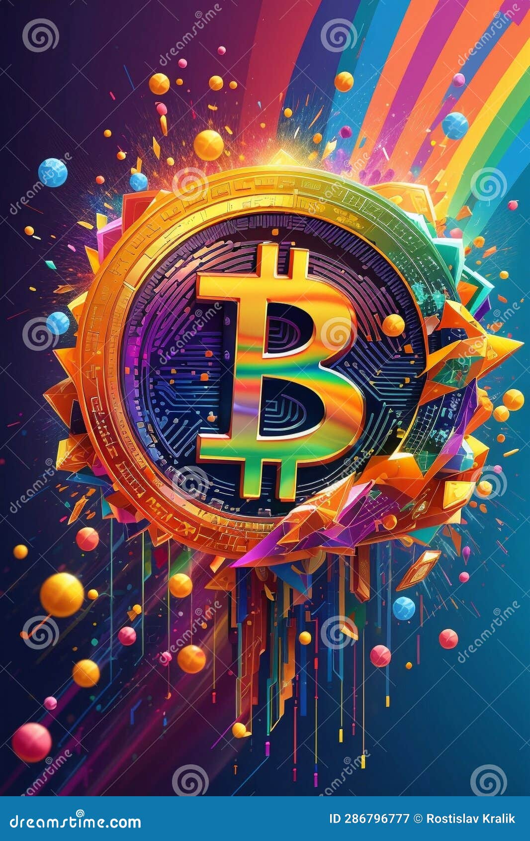 Stylized Bitcoin Coin Exploding Into A Burst Of Rainbow-hued Digital ...