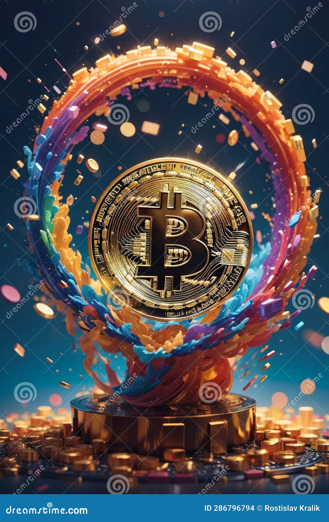 Stylized Bitcoin Coin Exploding into a Burst of Rainbow-hued Digital ...