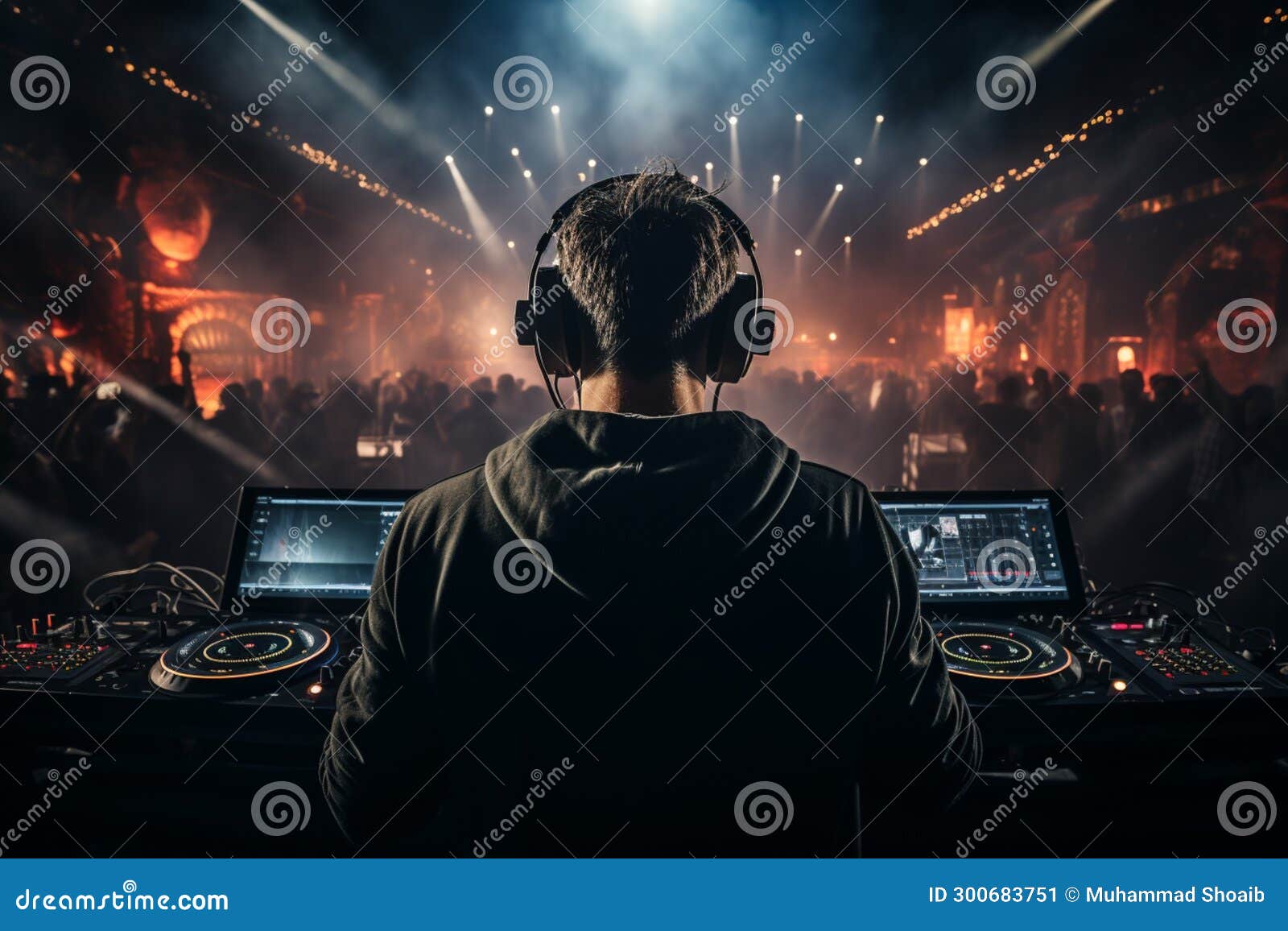 Dynamic View from Behind DJ in Action Commanding the Stage with Music ...