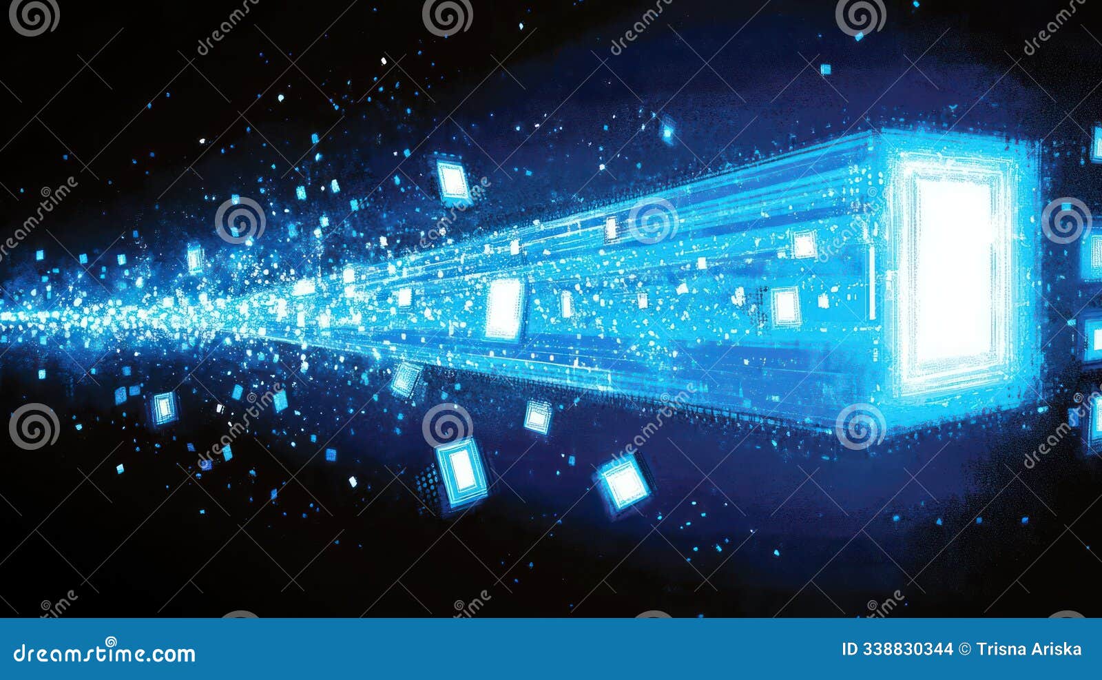 A Dynamic Visual of Blue Light Particles Representing Data Transmission ...