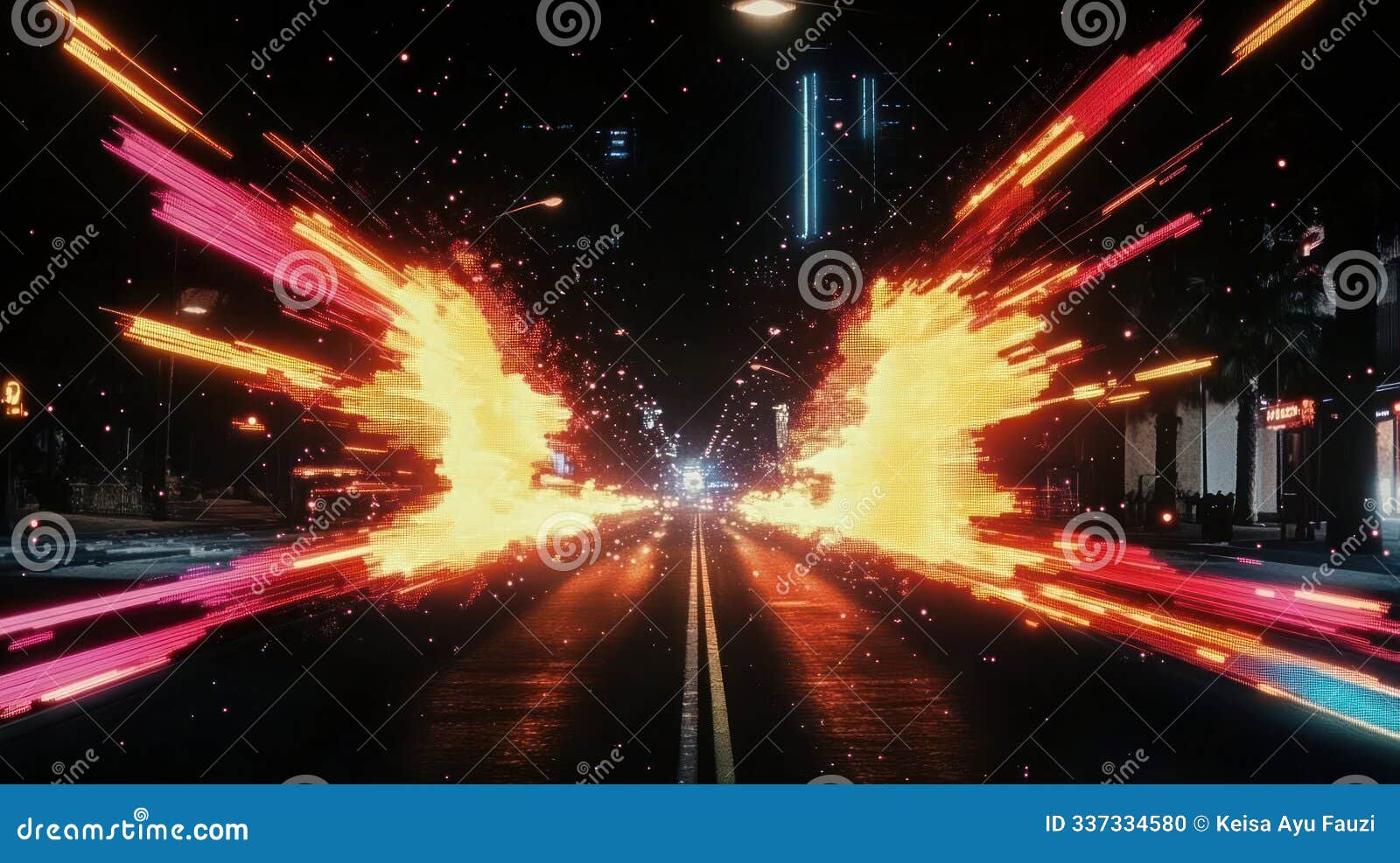 A Dynamic Visual of a Road with Explosive Light Effects, Suggesting ...