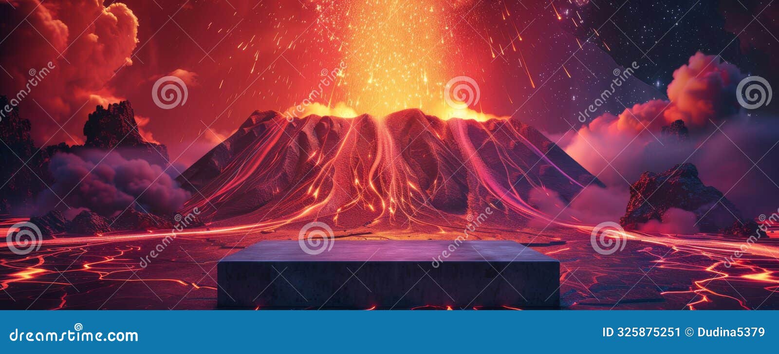 Dynamic Volcanic Eruption Under a Starry Sky with a Central Concrete Platform in the Foreground ...