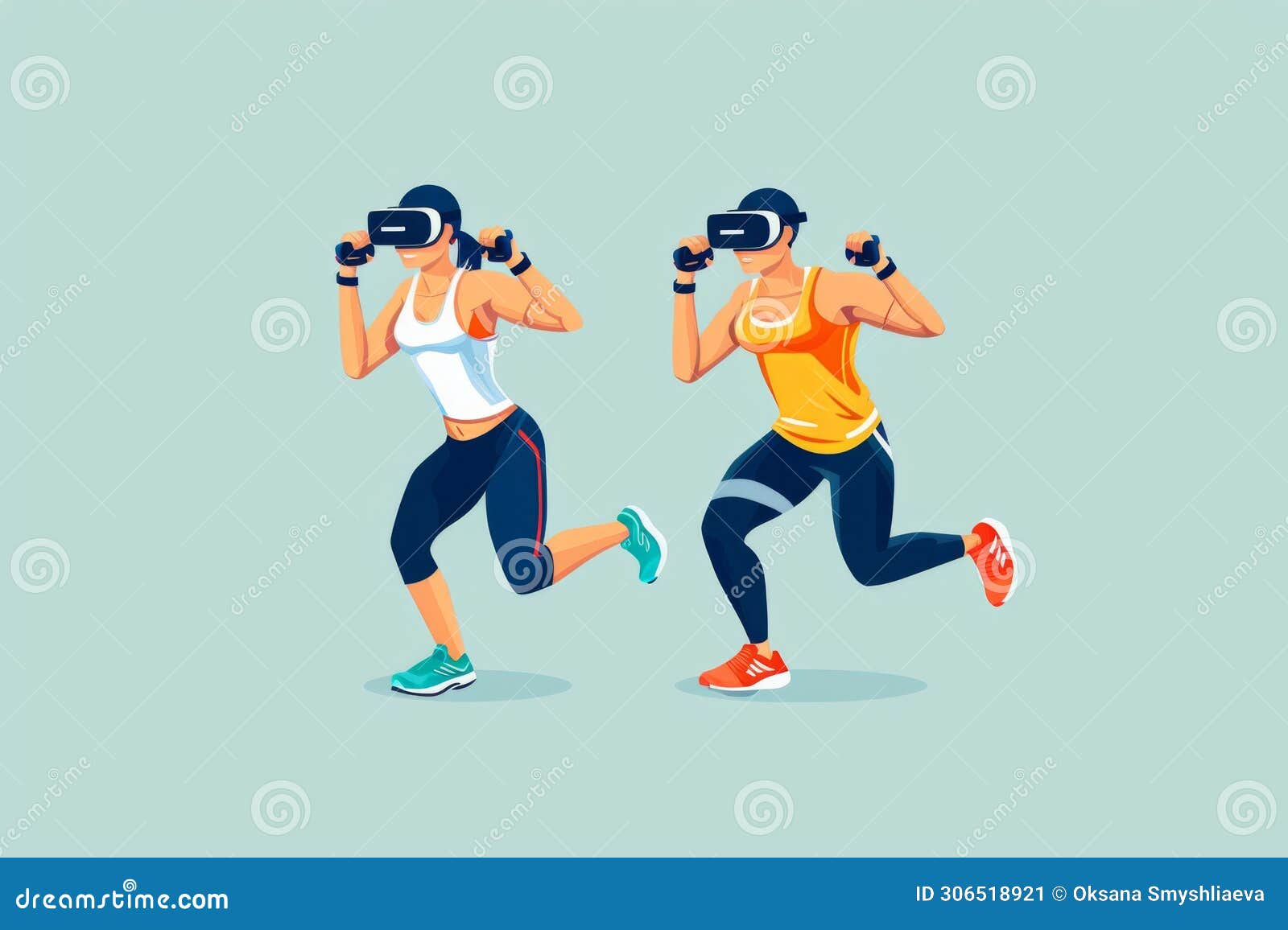 Dynamic VR Running Workout Illustration. Two Athletes in a Virtual ...