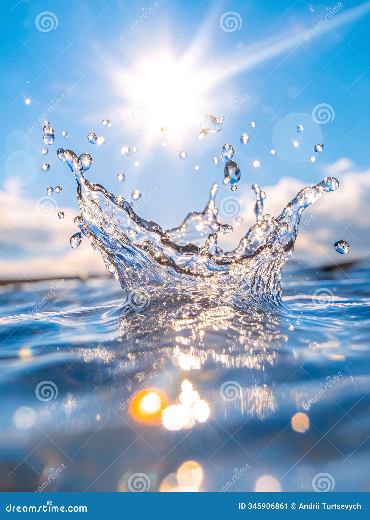 Dynamic Water Splash in Mid-Air with Sunlight and Blue Sky Backdrop ...