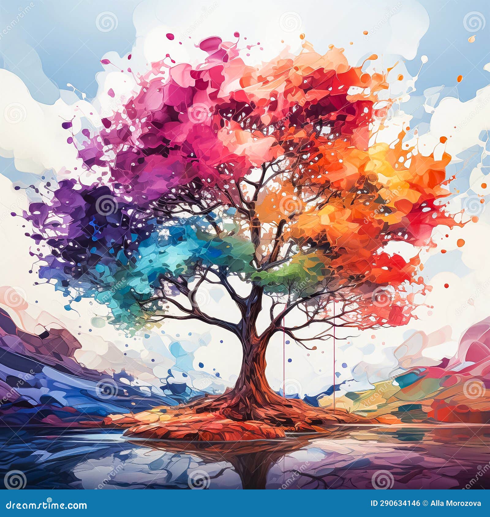 Dynamic Watercolor Tree Playful Splashes on Multicolored Canvas Stock ...