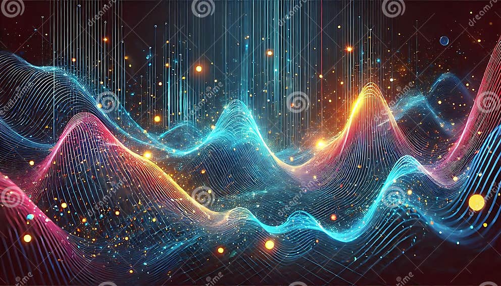 Dynamic Waveforms in Neon Tones with Glowing Particles on Dark Backdrop ...