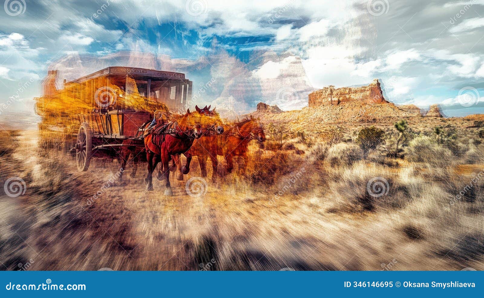 Dynamic Western Scene with Horse-Drawn Stagecoach and Rugged Landscape ...
