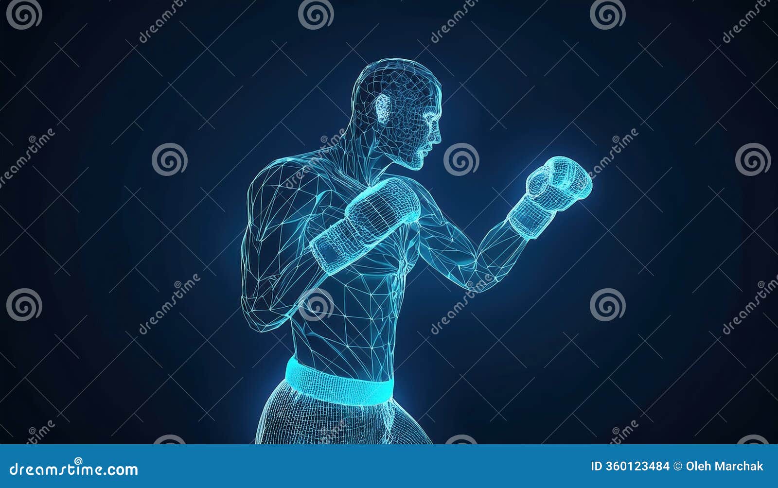 Wireframe Model of Athlete Performs Kickboxing Against Blue Background ...