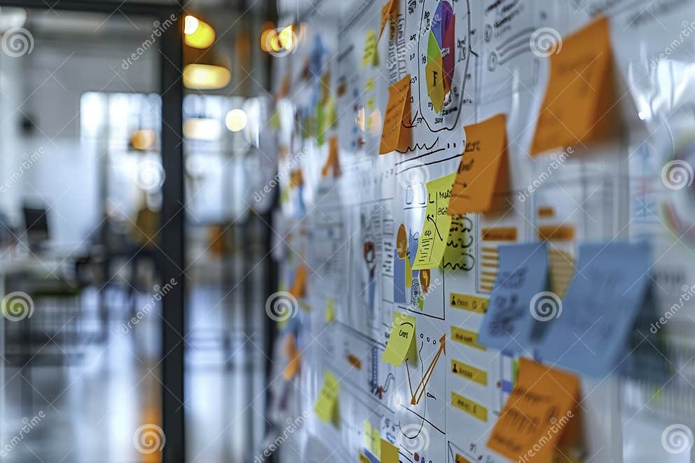 Dynamic Workspace Featuring a Colorful Brainstorming Wall with Sticky ...