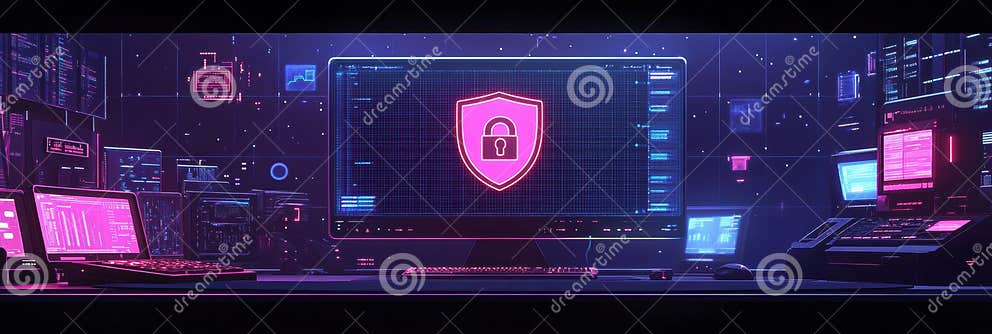 A Dynamic Workstation Features a Computer Displaying a Shield and Lock ...