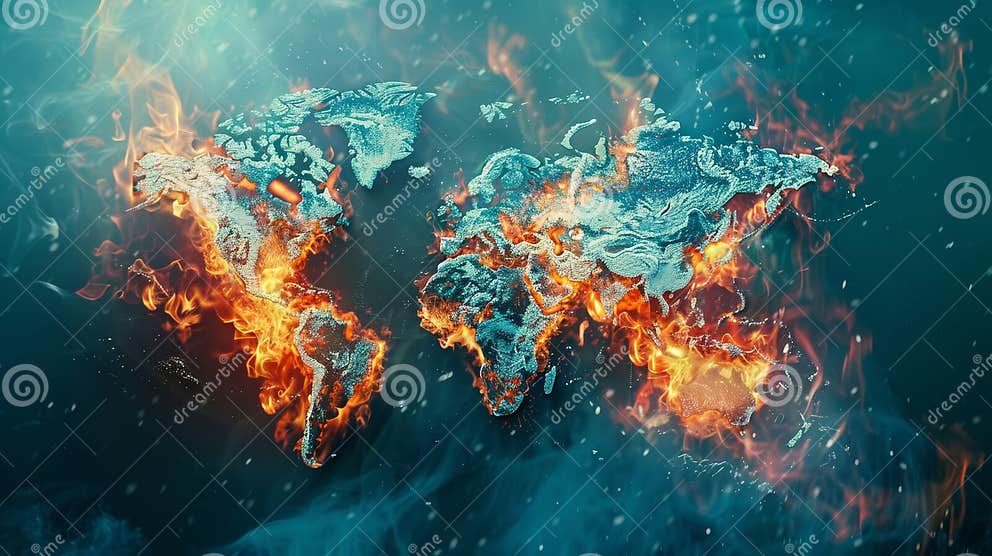 Dynamic World Map of Fire and Ice Representing Climate Change and ...