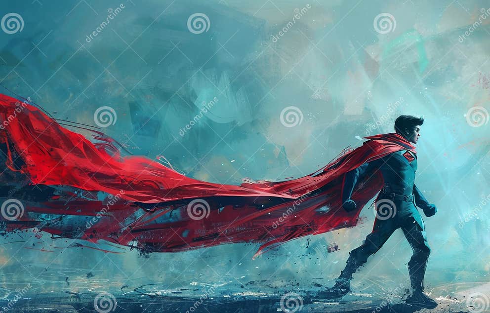 Dynamic Young Hero in Blue Striking a Powerful Pose with a Flowing ...