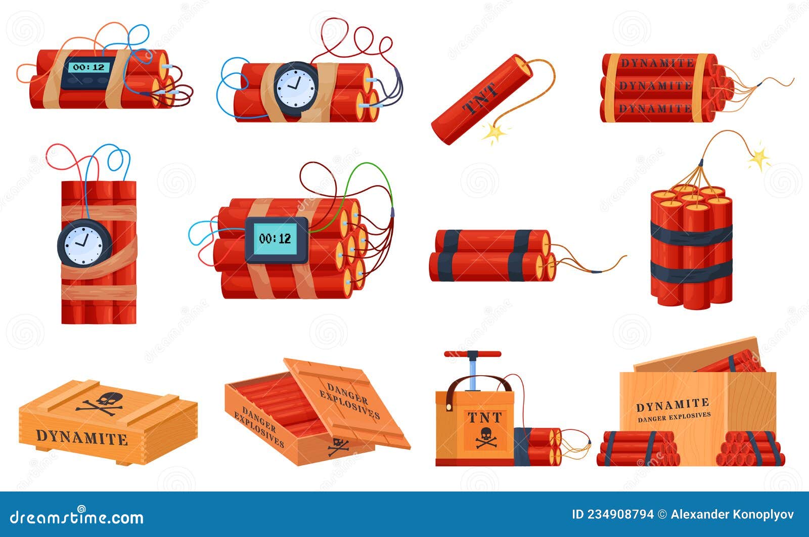 Dynamite Sticks Set Vector Flat Illustration. Box Ready Explosives ...