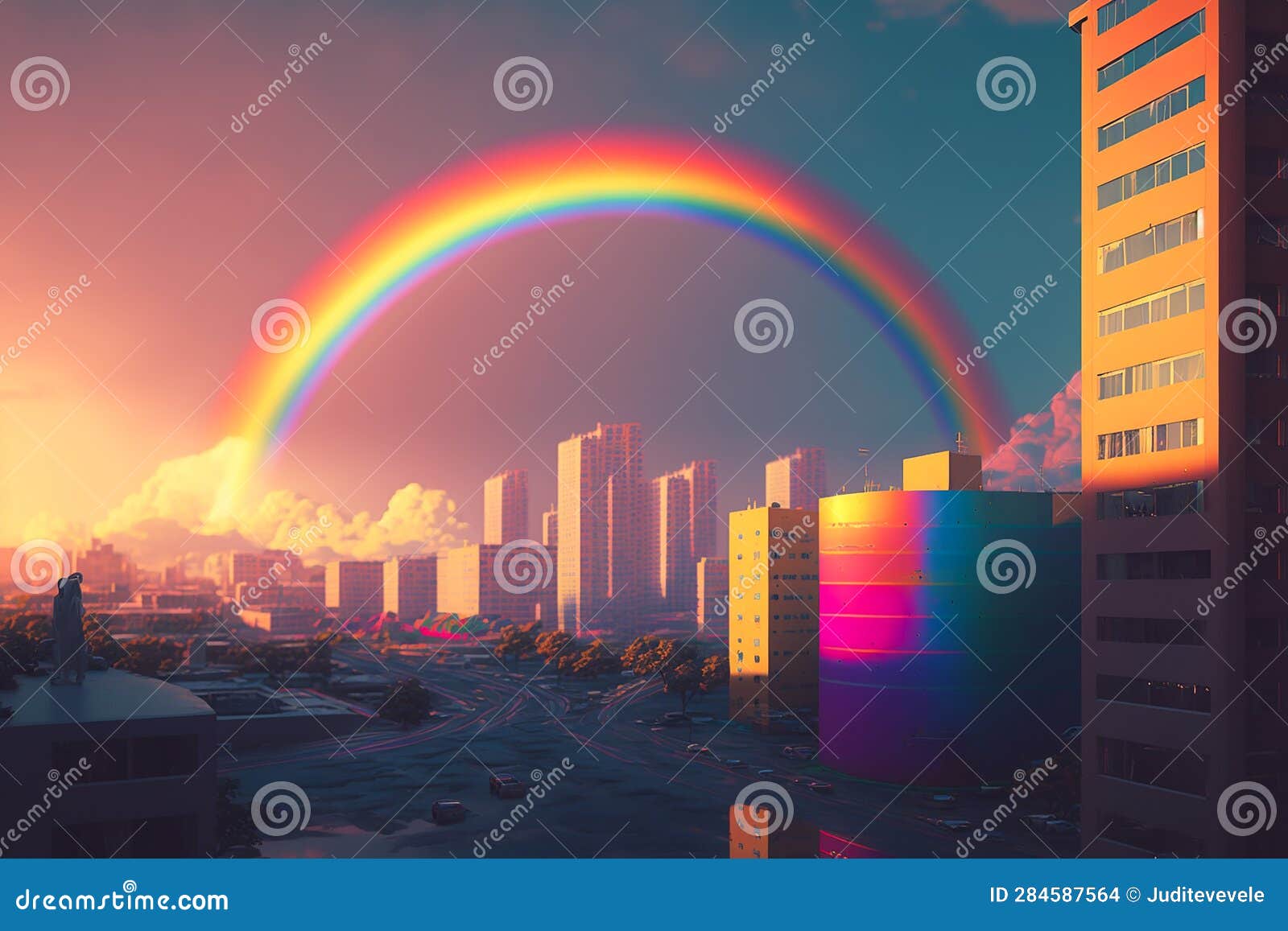 Dystopian City with Rainbow Over it. Urban Concept Stock Illustration ...