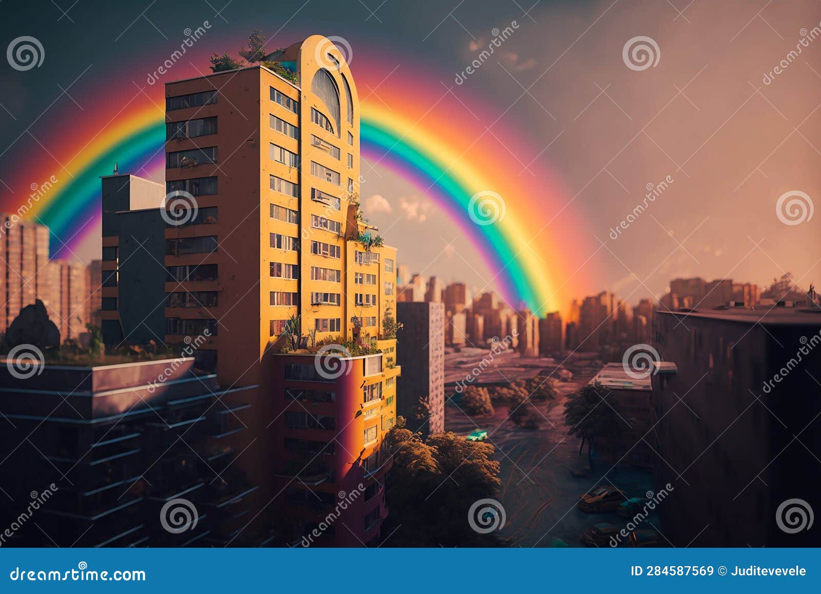Dystopian City with Rainbow Over it. Urban Concept Stock Illustration ...
