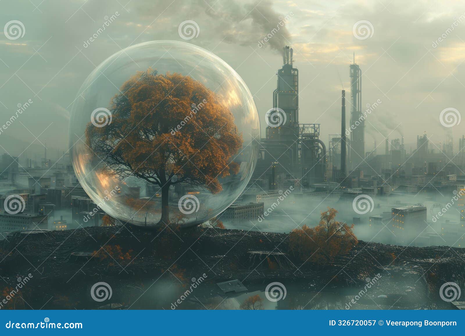 A Dystopian Landscape of Industrial Waste with a Single Tree Shielded ...