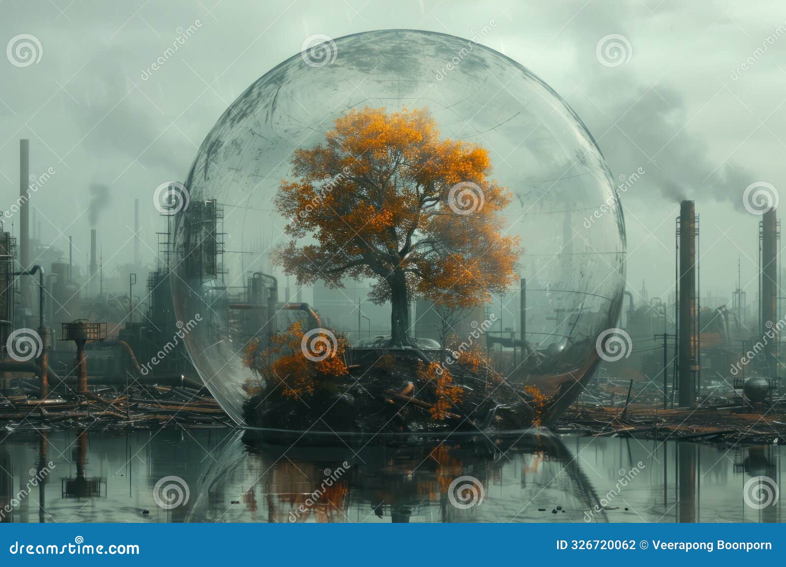 A Dystopian Landscape Of Industrial Waste With A Single Tree Shielded ...