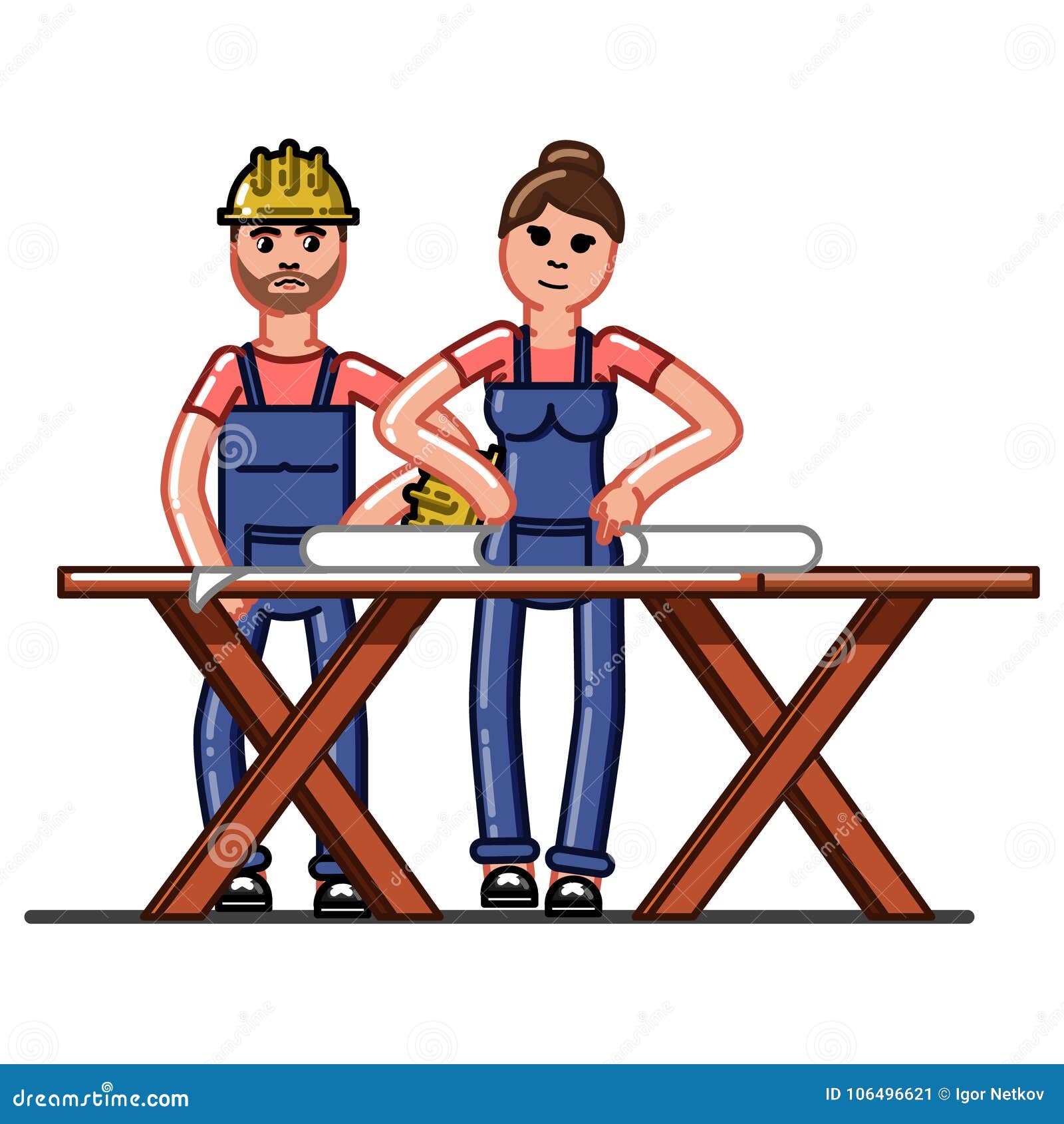 Builders Crew Exploring the Drawings Vektor Illustrationer ...